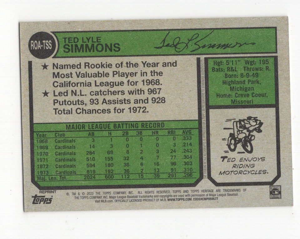 2023 TOPPS HERITAGE BASEBALL SP FLASHBACK AUTOGRAPH TED SIMMONS ...