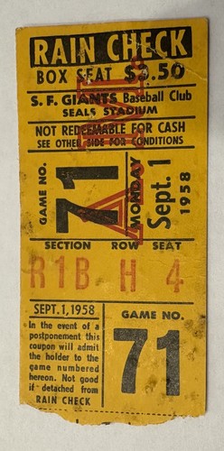 1958 San Francisco Giants Ticket Stub at Seals Stadium vs. Dodgers ...