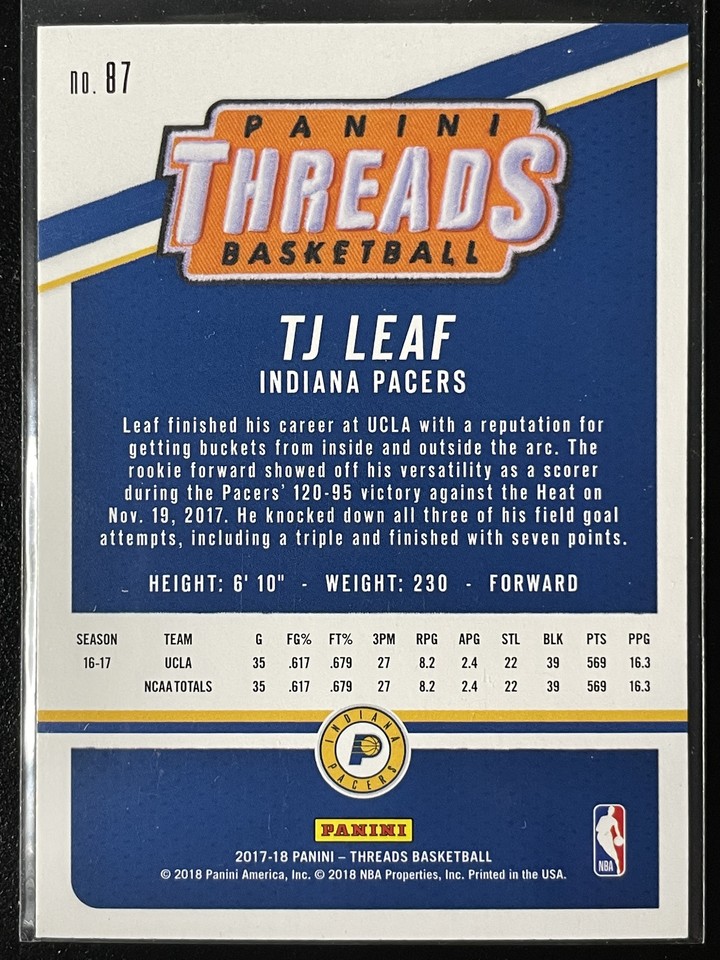2017-18 Panini Threads #87 Tj Leaf RC Pacers NM-M | eBay