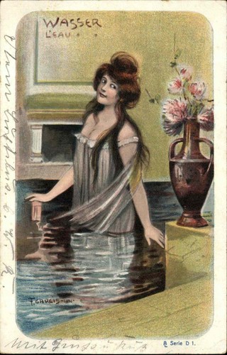 F Gareis Beautiful Woman in Pool Pond Greco Roman c1910 Vintage ...