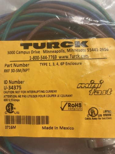 RKF30-5M/NPT - Turck, Minifast, 3-Pin, Female, 7/8", 3x18 awg, 105C, 9A ...