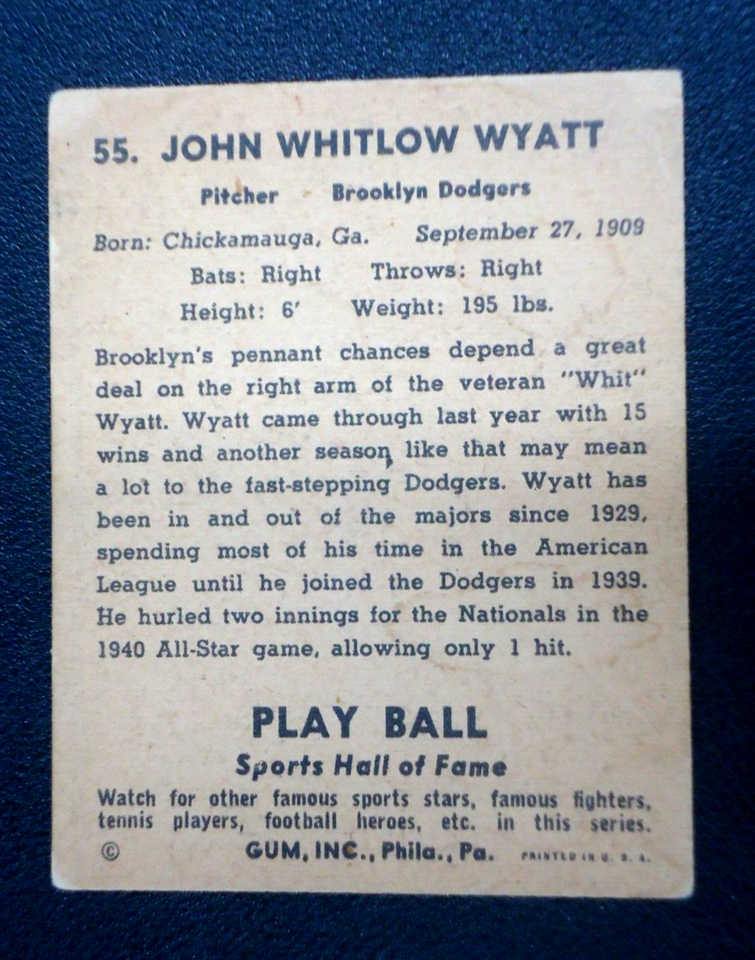 VINTAGE Whit Wyatt 1948 PLAY BALL BASEBALL Card #55 DODGERS | eBay