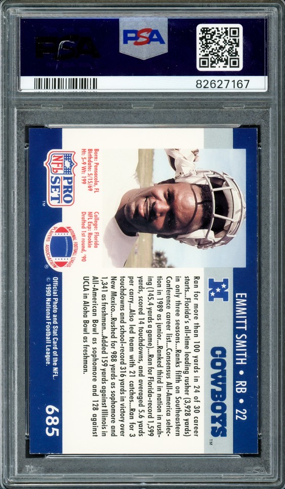 Emmitt Smith Autographed 1990 Pro Set Rookie Card Cowboys PSA 8 PSA/DNA ...