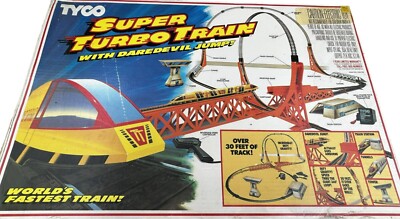 TYCO SUPER TURBO TRAIN W/ DAREDEVIL JUMP slot car like set euc in box ...