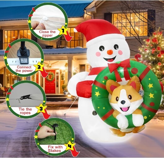 6FT Christmas Inflatable Snowman Decoration with Corgi Wreath and LED ...