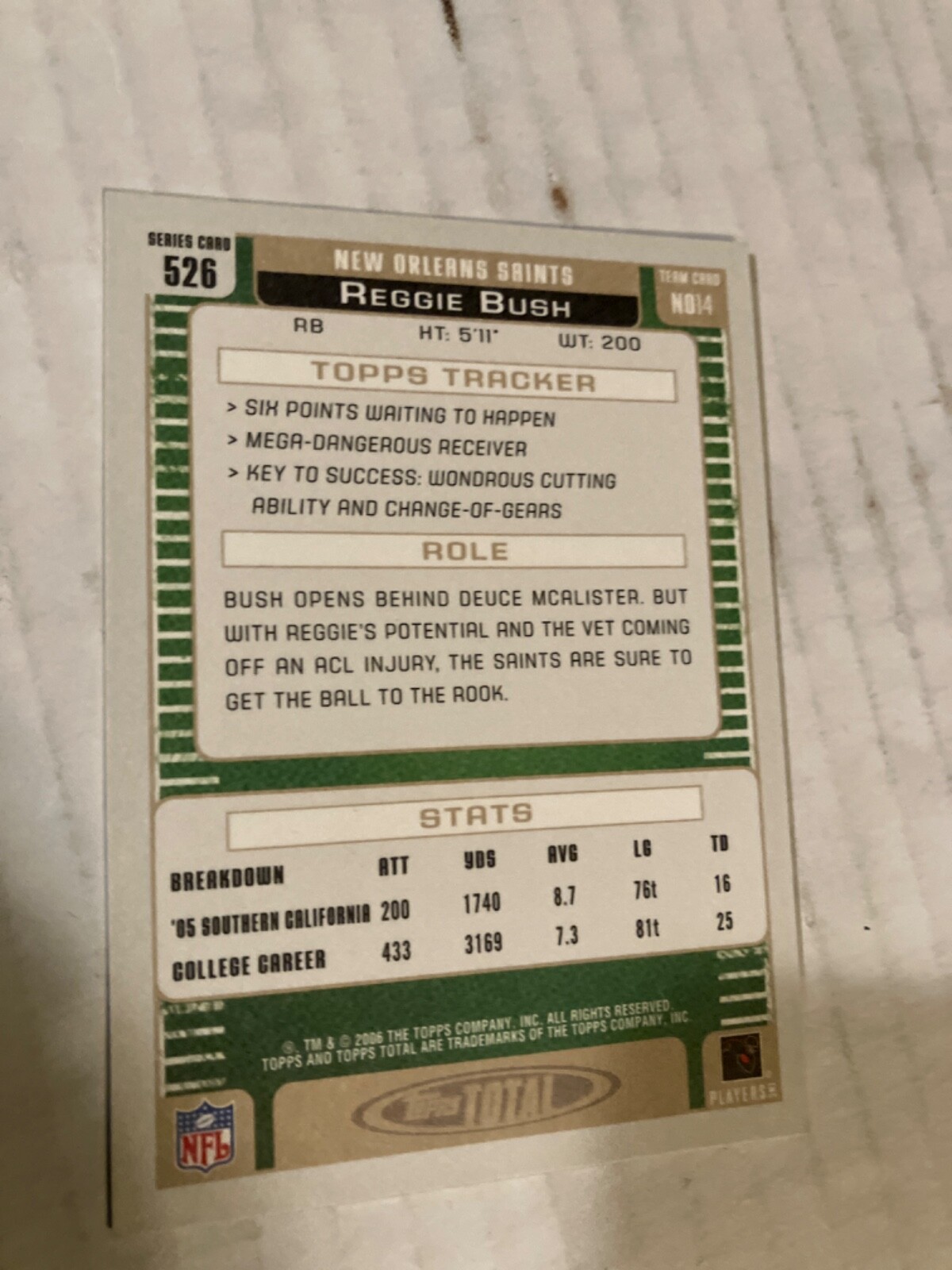 NEW ORLEANS SAINTS Reggie bush 2006 topps total rookie football card ...