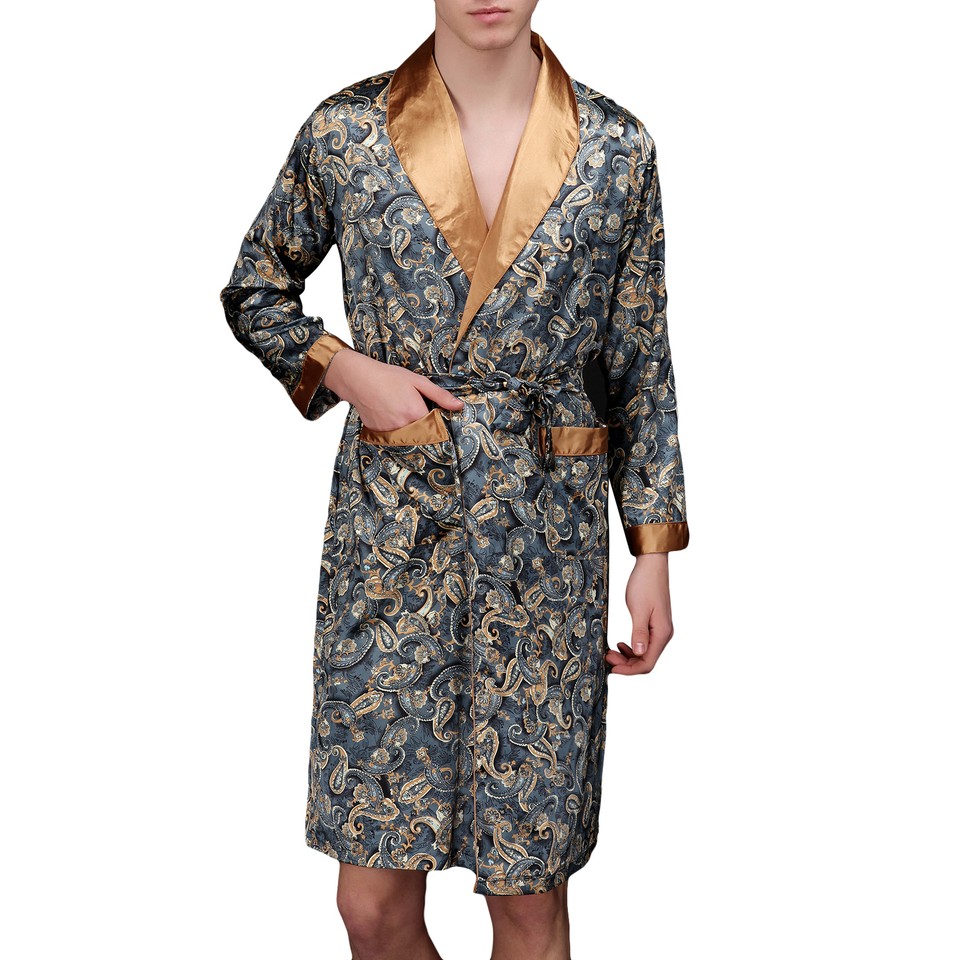 Men's Satin Kimono Robe Long Sleeve Silk Spa Luxurious Dragon Pockets ...