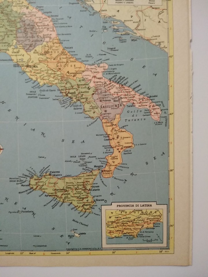 1956 Antique ITALY Atlas Map Vintage Hammond's Family Reference World ...