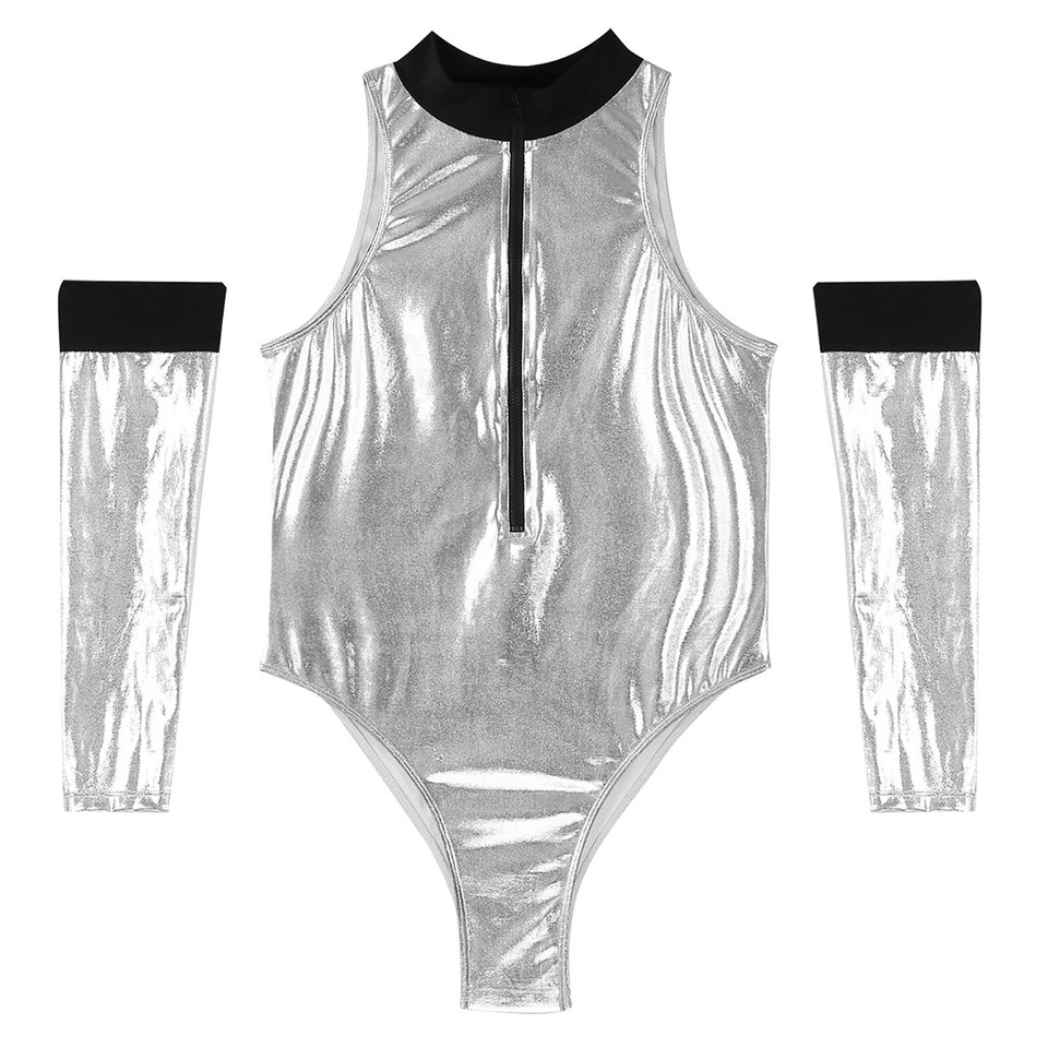 US Mens Astronaut Costume Shiny Metallic Space Suit Bodysuit with ...