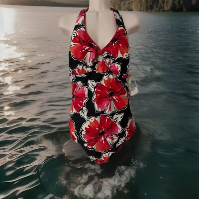 NEW TAGS TROPICAL ESCAPE SIZE 14 WOMENS SWIM BATHING SUIT RED FLOWERS 1 ...