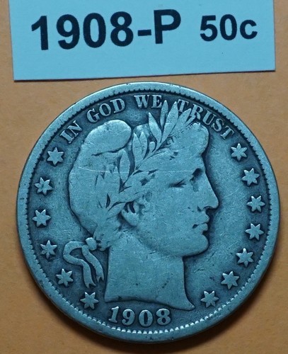 1908-P BARBER HALF DOLLAR 90% SILVER COIN FINE BETTER DATE 1,354,545 ...