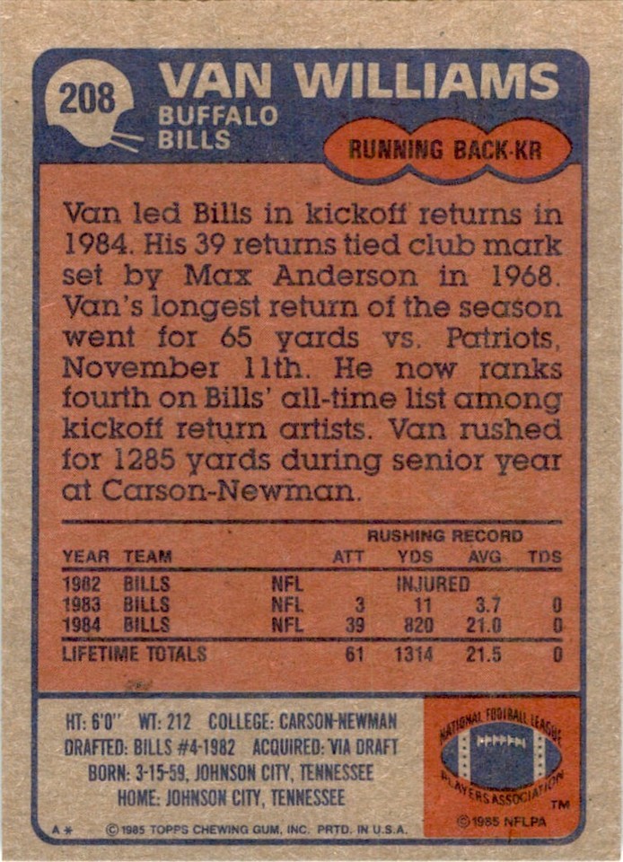 1985 TOPPS VAN WILLIAMS BUFFALO BILLS #208 | eBay