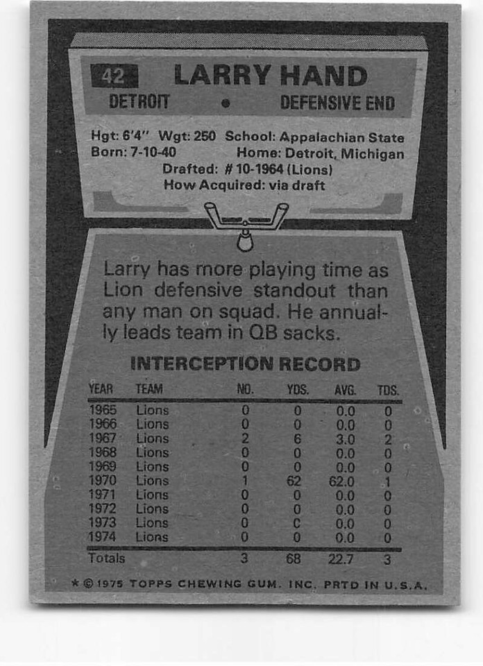 1975 Topps #42 Larry Hand EX Excellent Lions | eBay