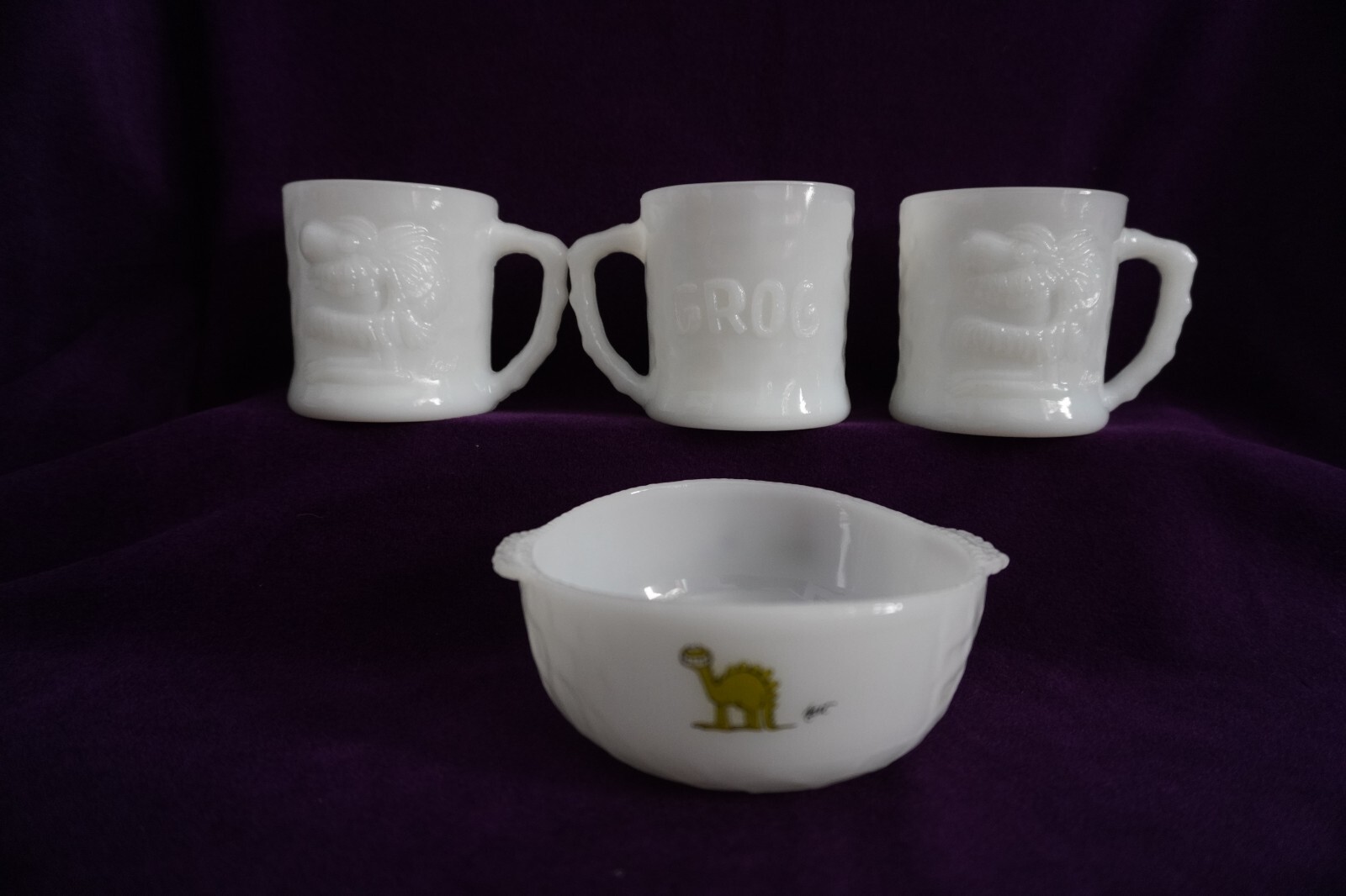 Fire King BC Comics Grog white milk glass set of 3 mugs + cereal bowl ...
