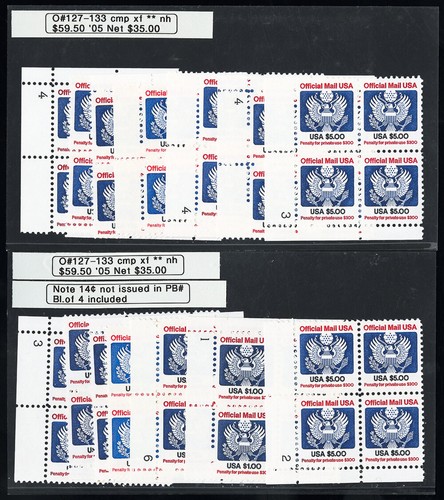 US Stamps # O127-33 Official MNH XF 5 Sets of Plate Blocks Scott Value ...