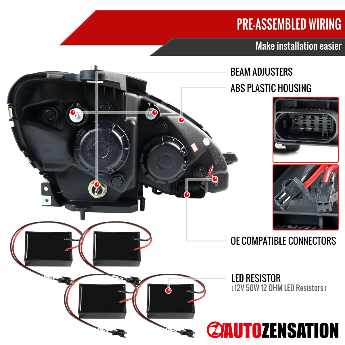 Fit 2008-2011 Benz W204 C280 C300 C350 Black LED Strip Projector ...