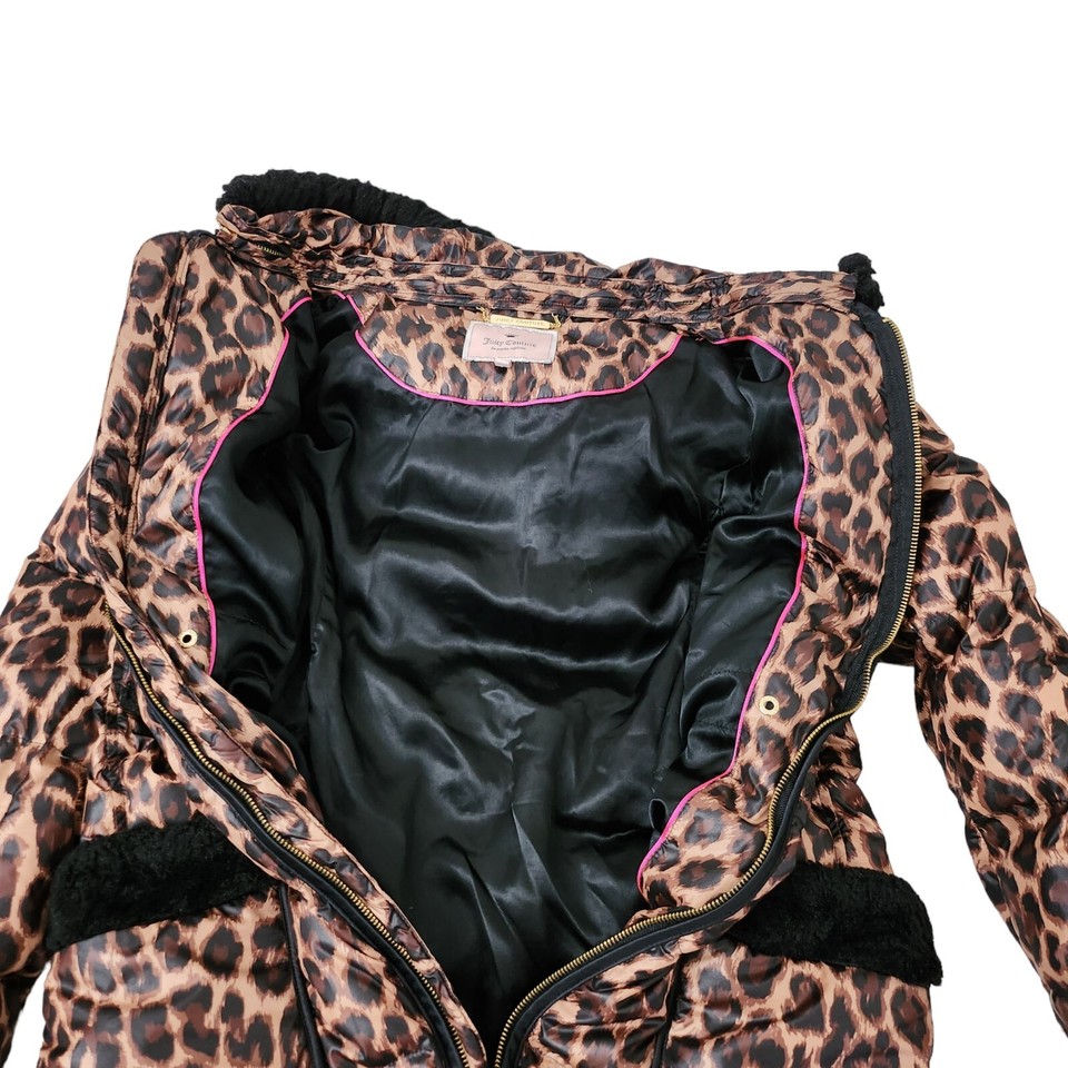 Juicy Couture Womens Puffer Coat Jacket Small Brown Cheetah Leopard Fur ...
