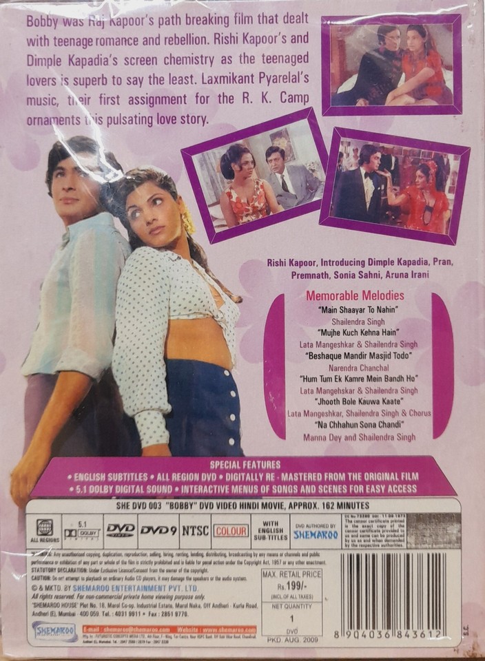 Bobby - Rishi Kapoor, Dimple Kapadia - Bollywood Hindi Movie DVD ...