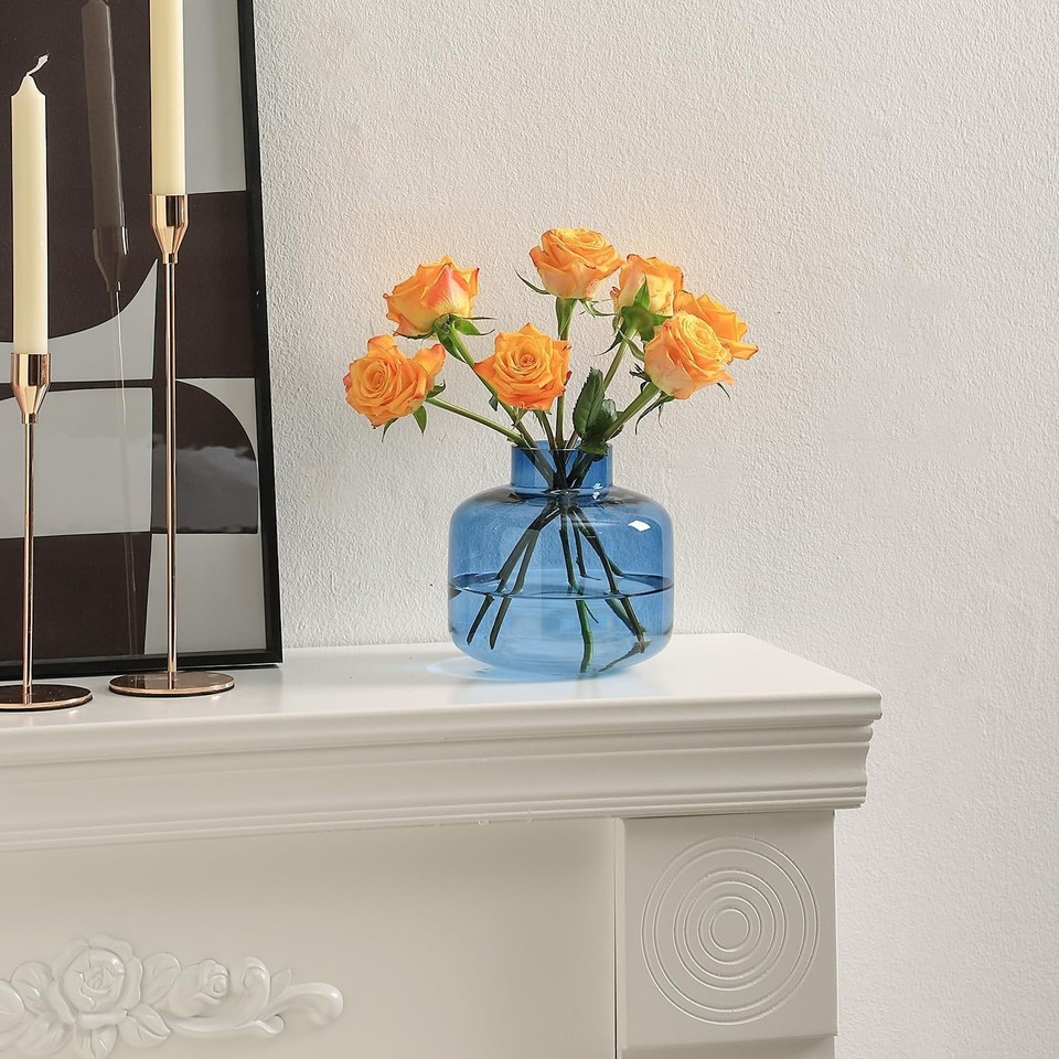 Short Glass Vase, Blue Vase for Flowers, Short Flower Vases for Tulips ...