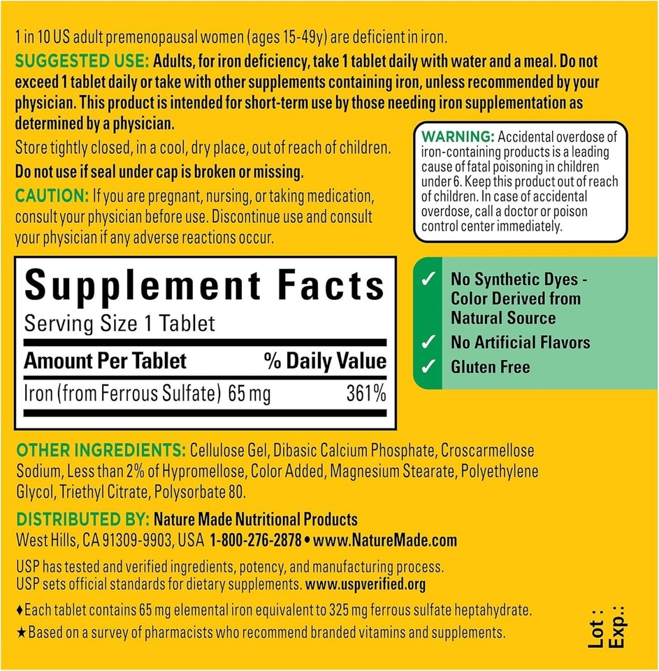 Nature Made Iron 65 mg 325 mg Ferrous Sulfate Tablets for Red Blood ...