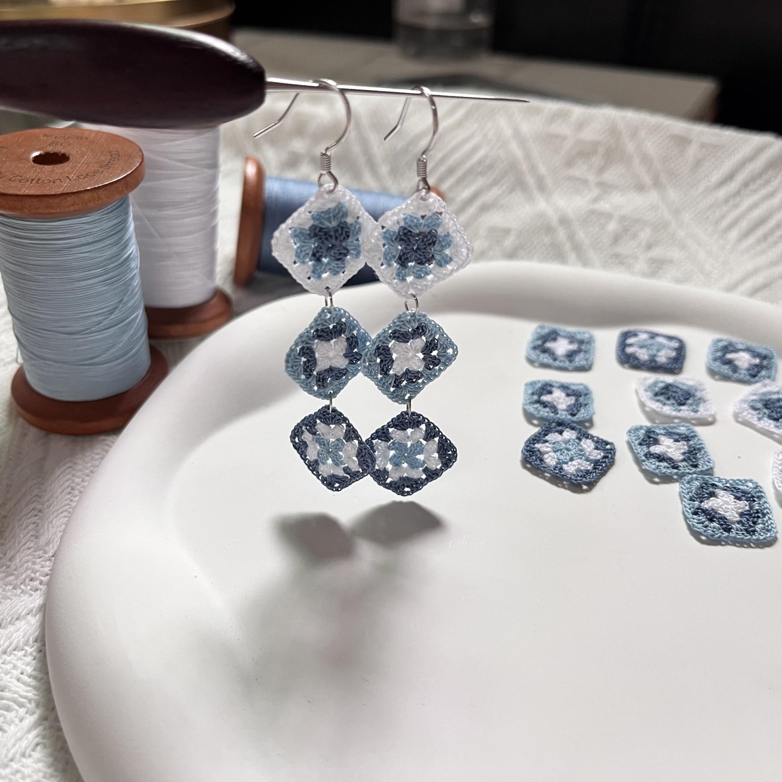 Granny Square Crochet Blue Earring Handmade Crochet Earing For Women ...