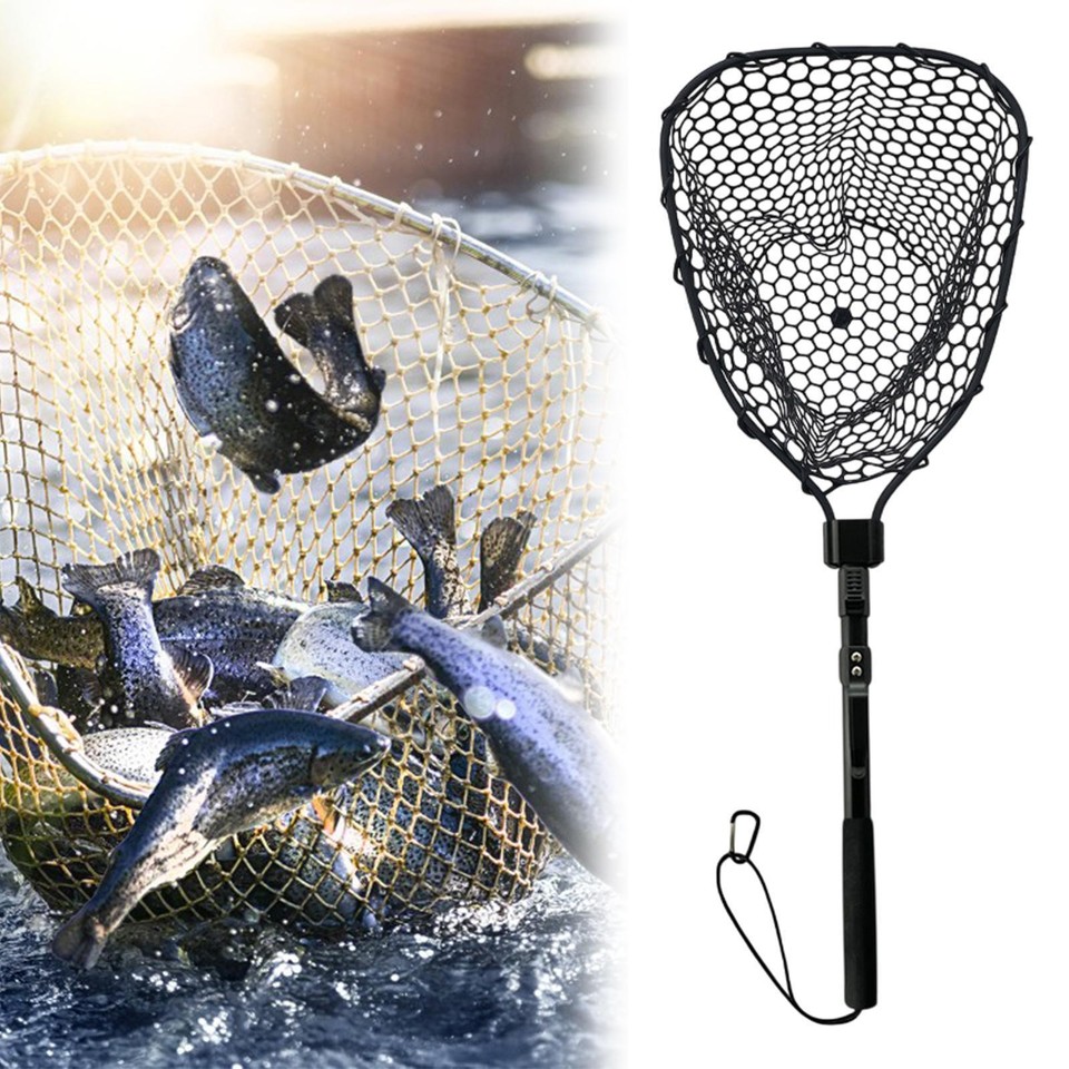 Folding Fly Fishing Landing Net Rubber Safe Catch Release Silicone Fish ...