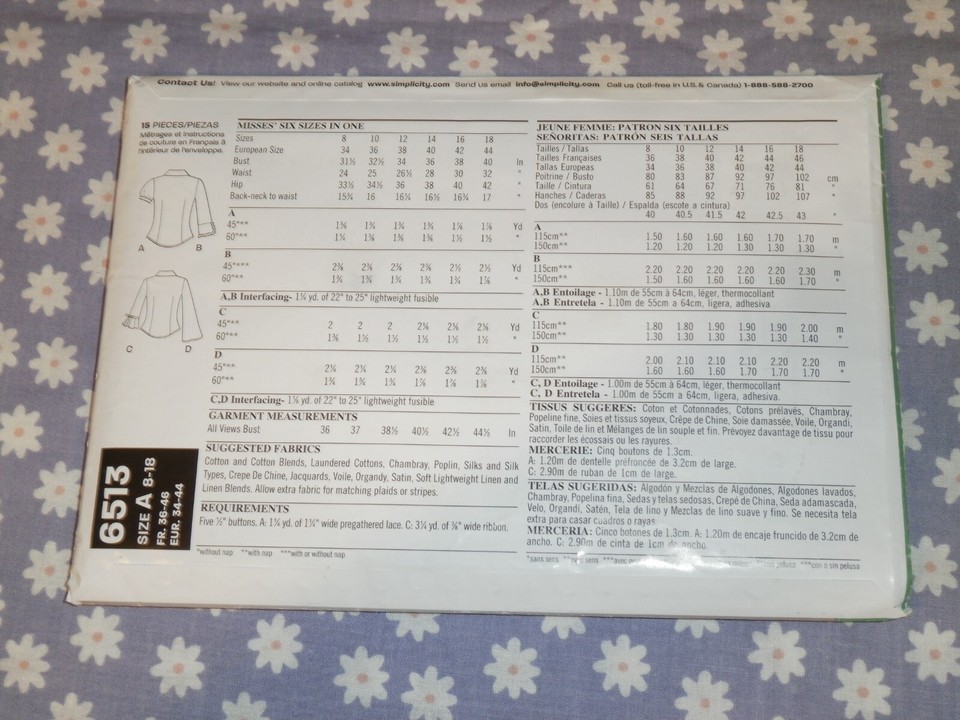 SIMPLICITY NEW LOOK 6513 MISSES SHIRT/BLOUSES WITH VARIATIONS PATTERN ...