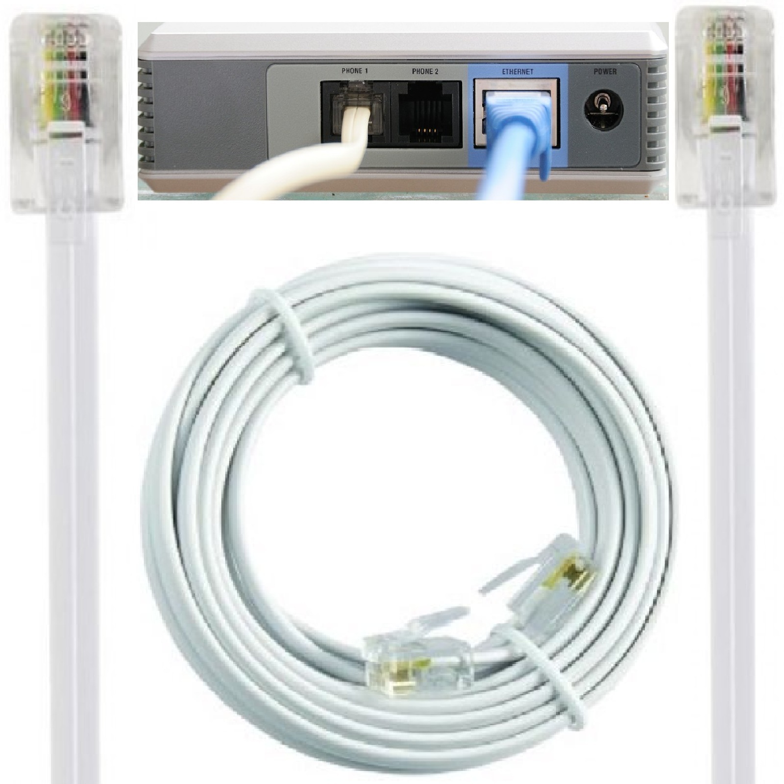 RJ11 to RJ11 ADSL Modem Router Cable Fast Broadband BT Telephone Phone ...
