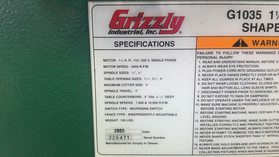 Grizzly G1035 1-1/2 Hp Shaper 110/220 V Single Phase | eBay