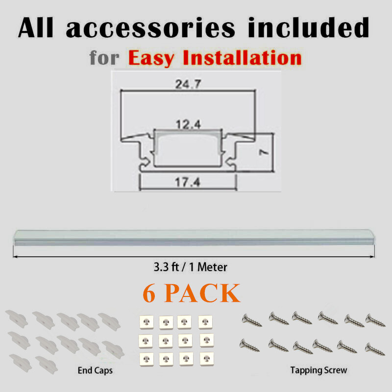 6 Pack Recessed LED Strip Channel Holder Diffuser Flush Mounted 1M/3 ...