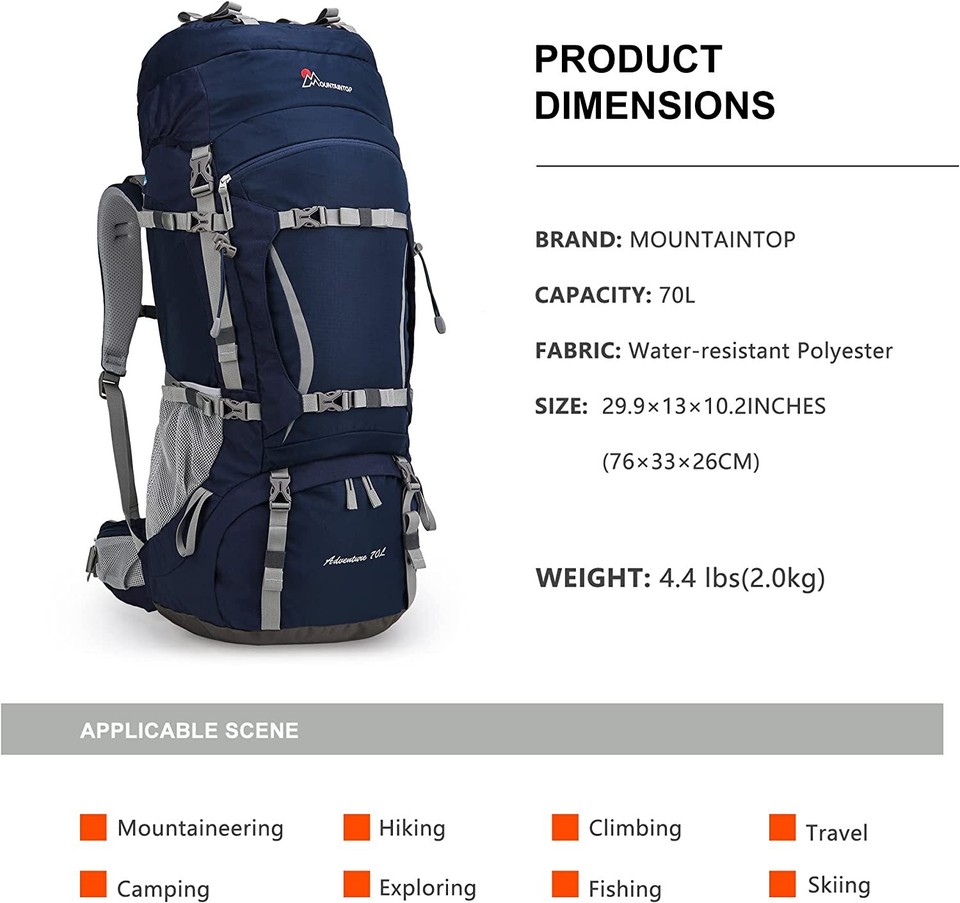 MOUNTAINTOP 70L Internal Frame Hiking Backpack for Men 70l-sapphire ...