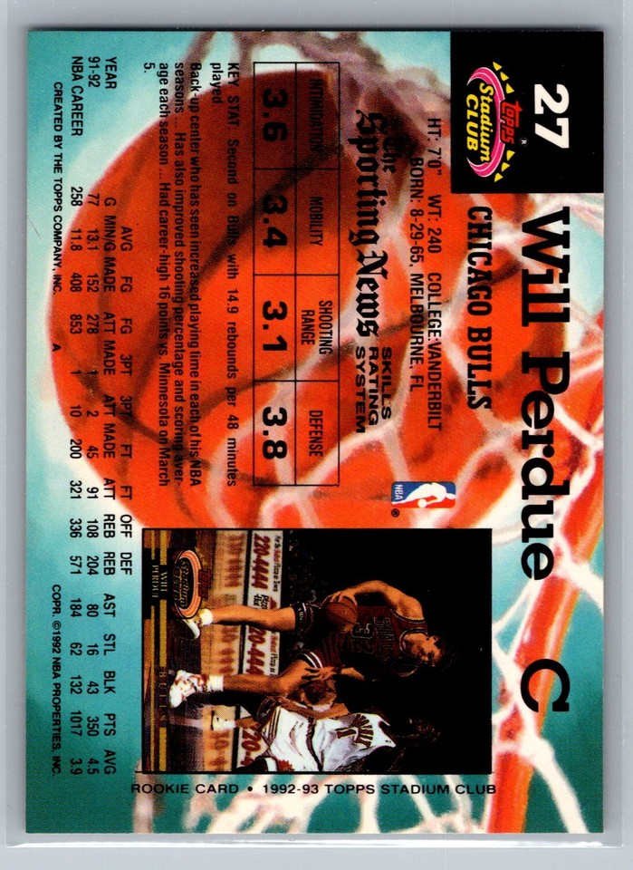 Will Perdue 1992-93 Stadium Club BASKETBALL #27 Chicago Bulls | eBay