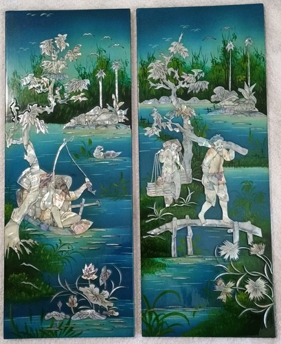 Vintage Set 2 Asian Mother of Pearl Water Scenes Wall Art 19" X 7 3/8 ...