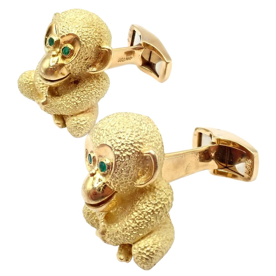 Authentic Kurt Wayne 18k Yellow Gold Emerald Whimsical Monkey Cufflinks ...