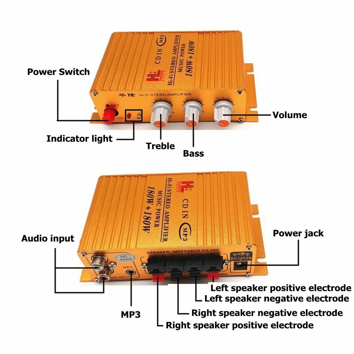 12V 360W Car Mini Hi-Fi Stereo Audio Power Amplifier AUX MP3 Player ...