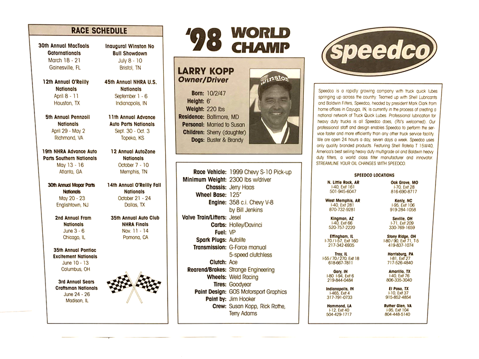 1999 LARRY KOPP S-10 SPEEDCO NHRA PRO STOCK TRUCK DRAG RACING POSTCARD ...