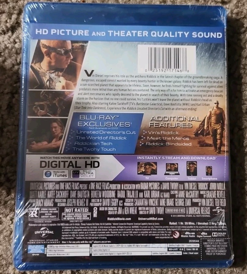 Riddick (Blu-ray/DVD) 2-Disc Set, Unrated! David Twohy, Vin DIESEL ...