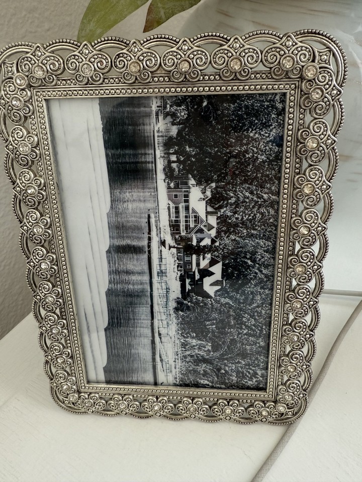Vintage Ornate Silver/Metal Filigree Picture Frame with Rhinestones 5x7 ...