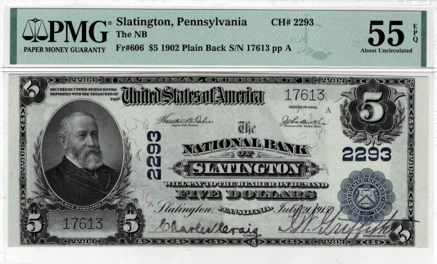 1902 $5 National Bank note 'Plain Back' (Slatington,PA) CH#2293-PMG ...
