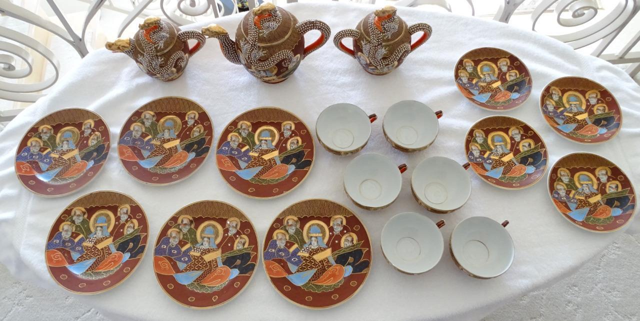 Japanese Satsuma Dragonware Geisha Moriage Lithopane Tea Set, Nippon ...