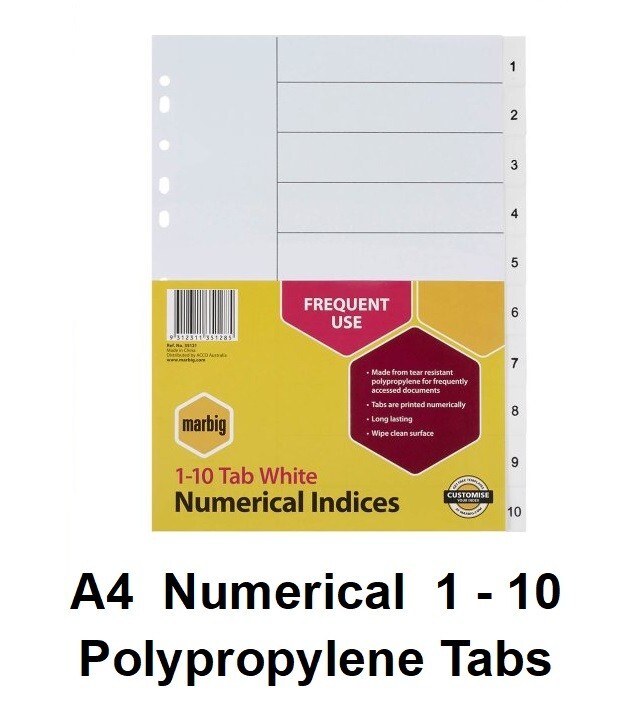 Marbig 35121 Numerical Indices 1 - 10 Tabs A4 Polypropylene White B182 ...