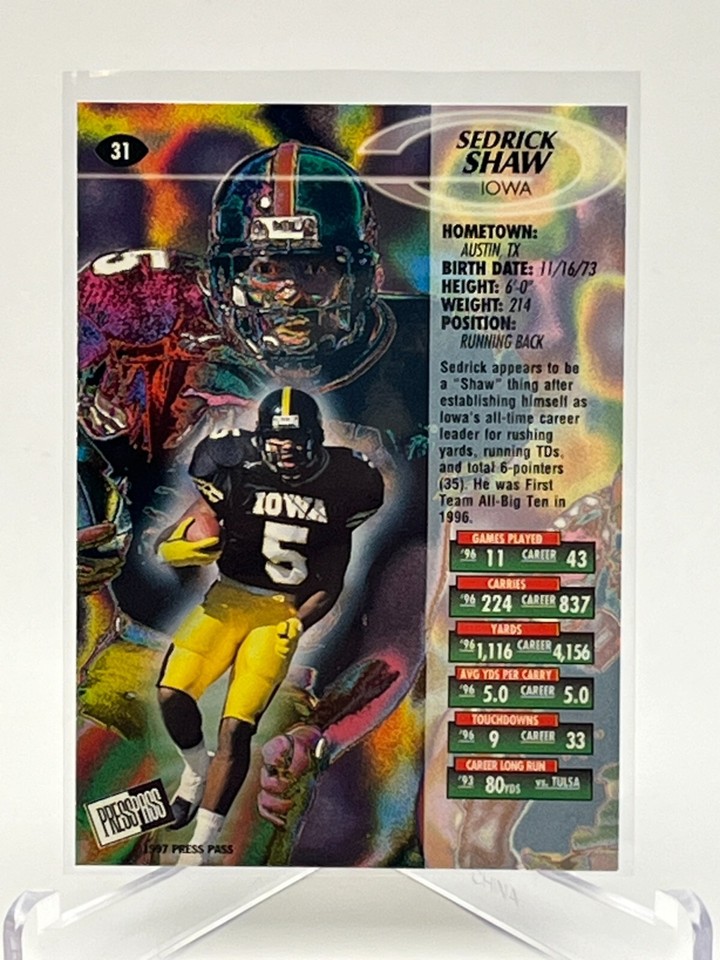 1997 Press Pass NCAA Football Card #31 Sedrick Shaw Iowa Hawkeyes NE ...