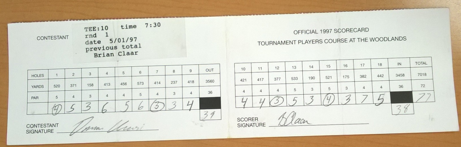 PGA GOLF TOURNAMENT PLAYERS SCORECARD 1-77 BRIAN CLAAR 5/1/97 | eBay