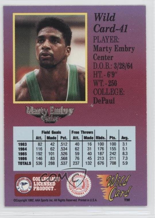 1992 Wild Card Collegiate 50 Stripe Marty Embry #41 | eBay