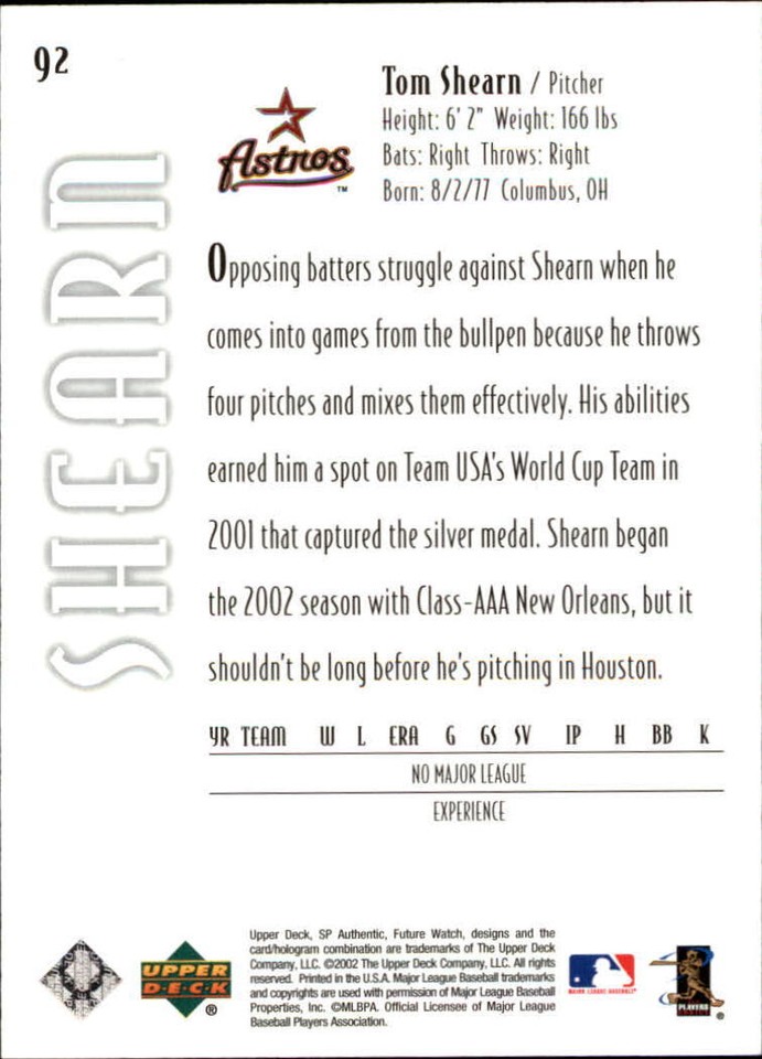 2002 SP Authentic #92 Tom Shearn FW RC /1999 - NM-MT | eBay