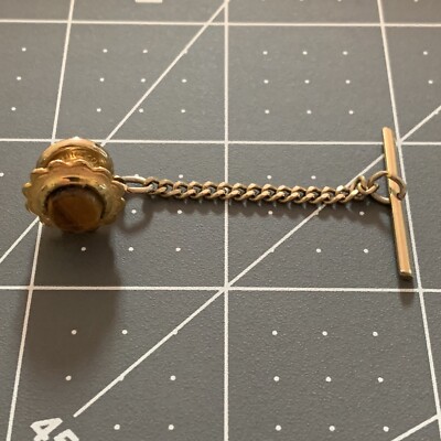 Gold Colored Round Tie Pin With Wood Accent And Chain | eBay