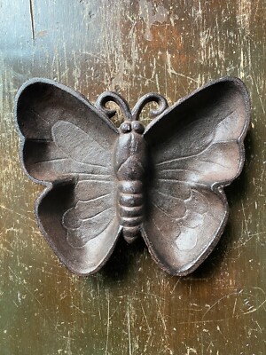 Cast Iron Garden Butterfly Shaped Bird Feeder Key Jewelry Dish Rustic ...