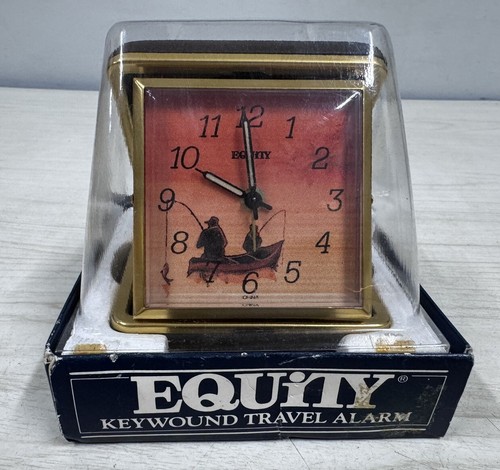 Vintage Equity Travel Alarm Clock Manual Wind-Up Fishing Scene With ...