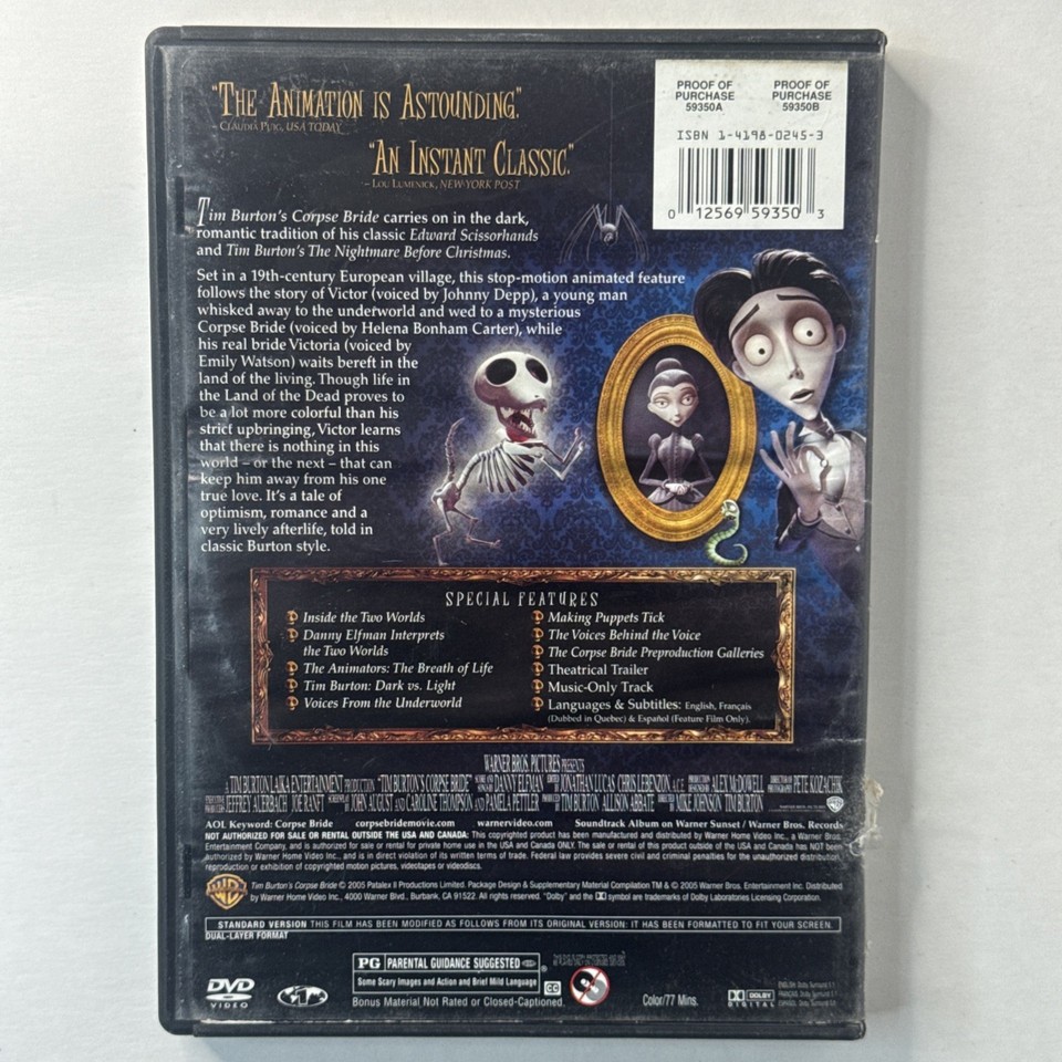 Tim Burton’s Corpse Bride (DVD, 2005) Full Screen Edition Johnny Depp ...