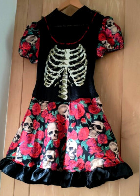 Halloween Ladies Skeleton Skull Dress Day of Dead Fancy Dress NEW 12-14 ...